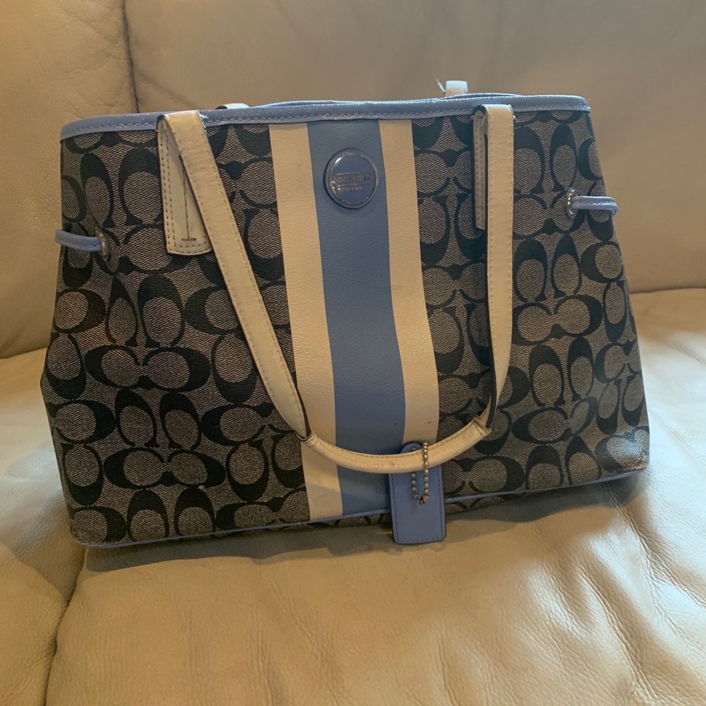 Coach Signature Striped Purse Tote Gray/Blue - Gem